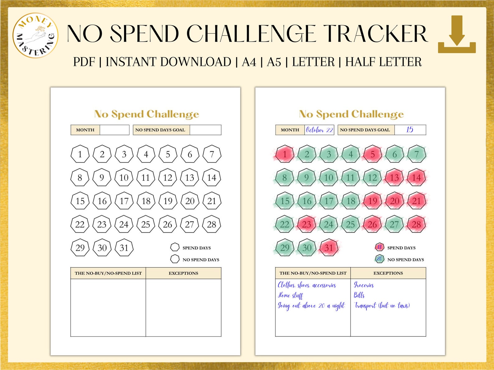 No Spend Challenge Printable, No Spend Month Tracker, No Spend ...