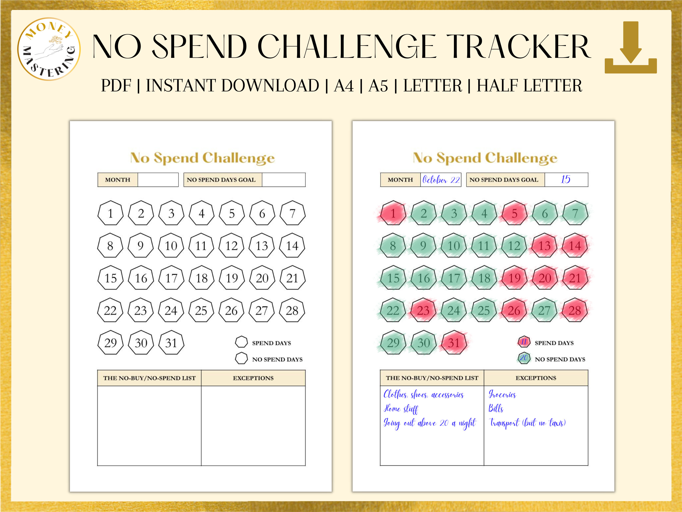 No Spend Challenge Printable, No Spend Month Tracker, No Spend ...