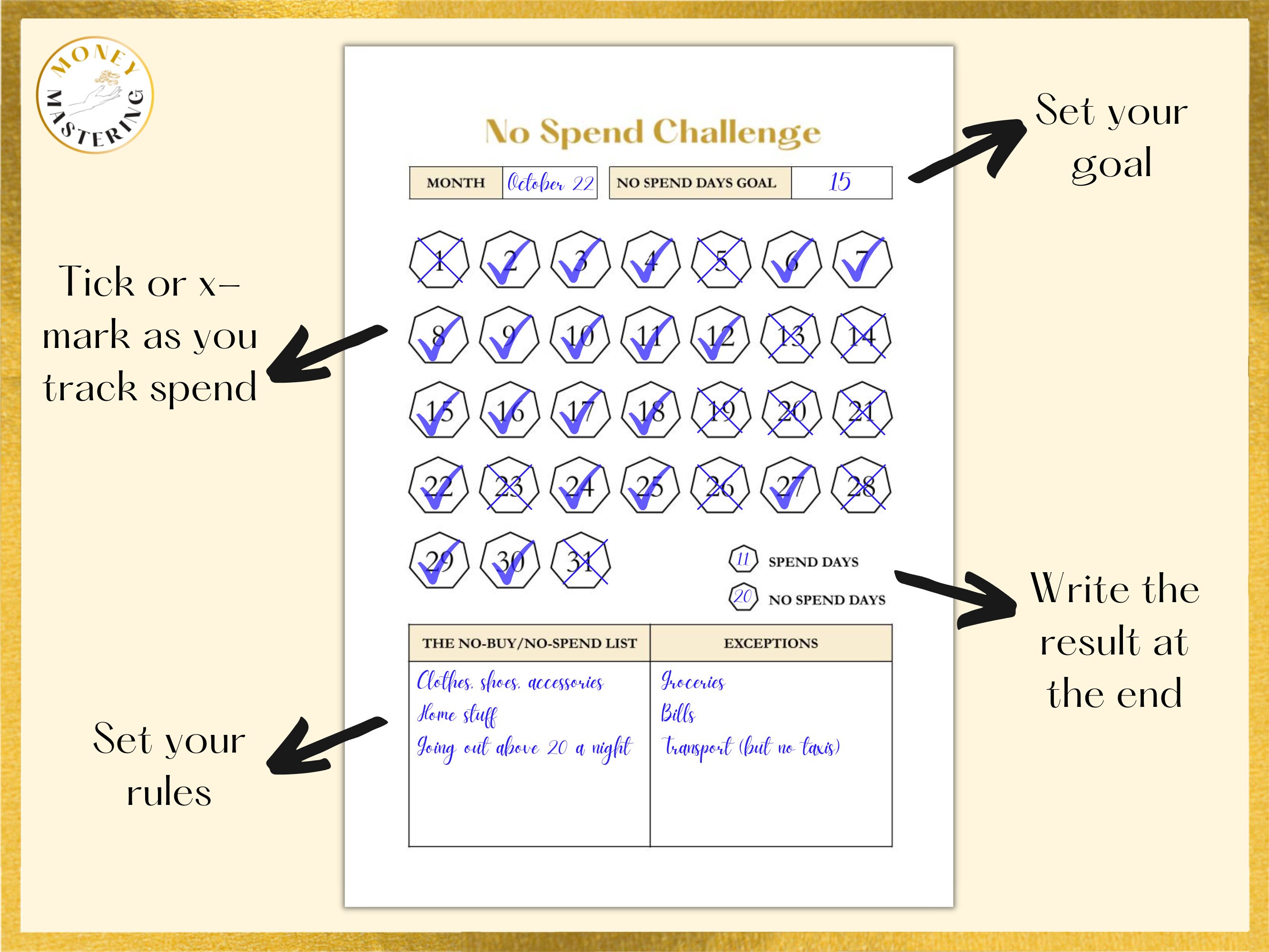 No Spend Challenge Printable, No Spend Month Tracker, No Spend ...