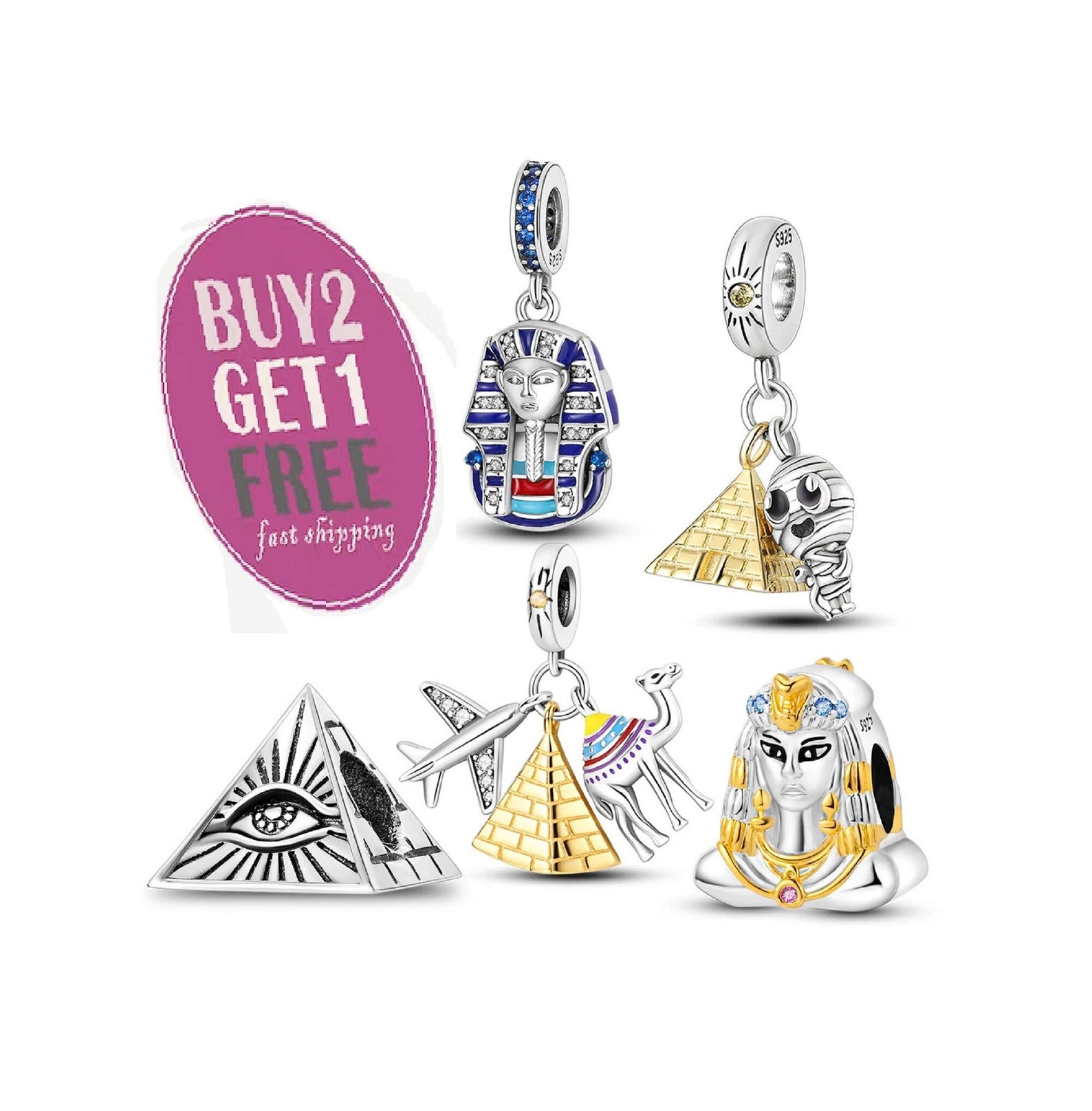 S925 Egypt Pyramid Mummy Charms Fit for Pandora Bracelet, Sterling ...
