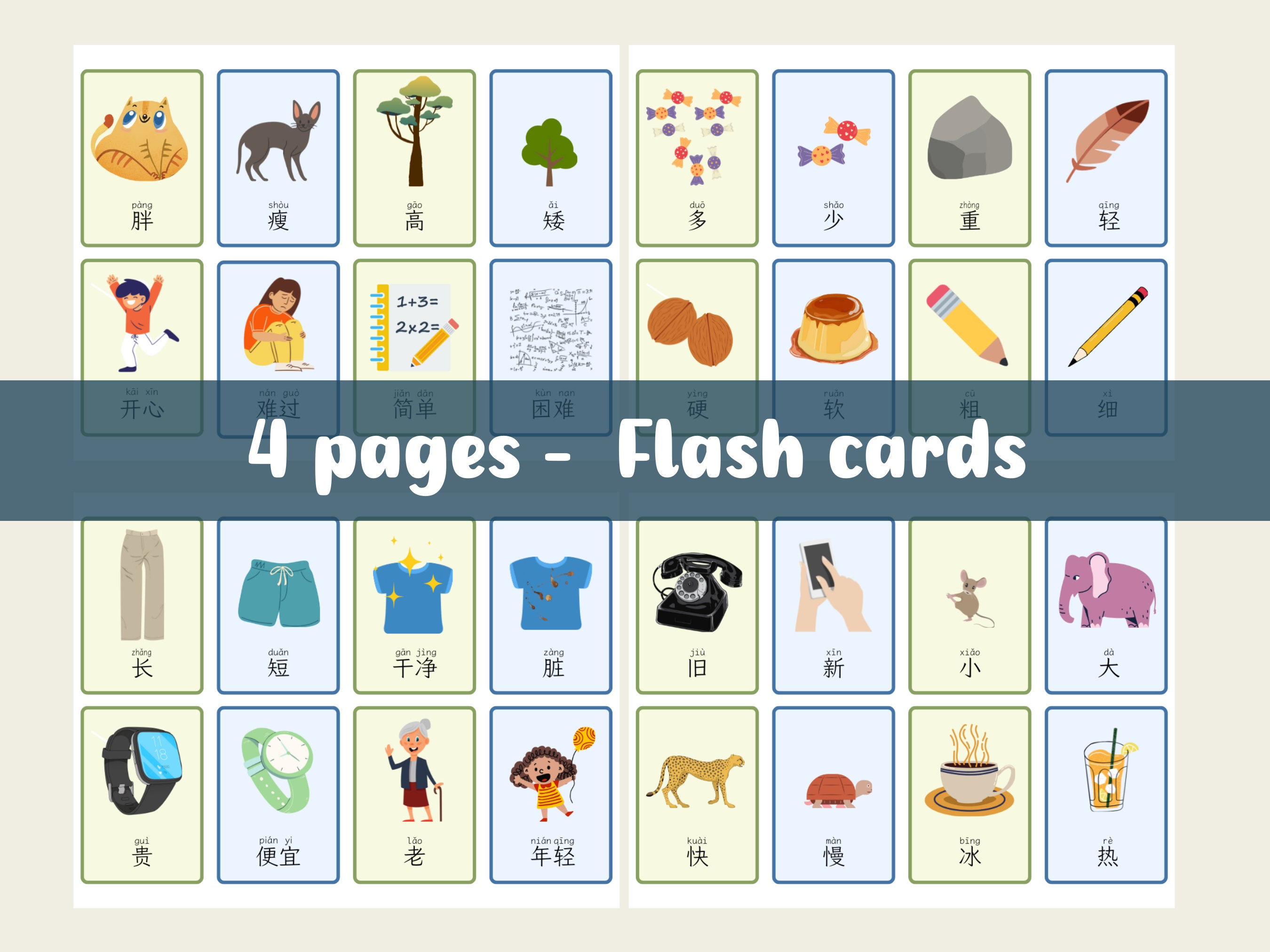 32 Basic Chinese Adjectives Printable Flashcards Simplified Chinese ...