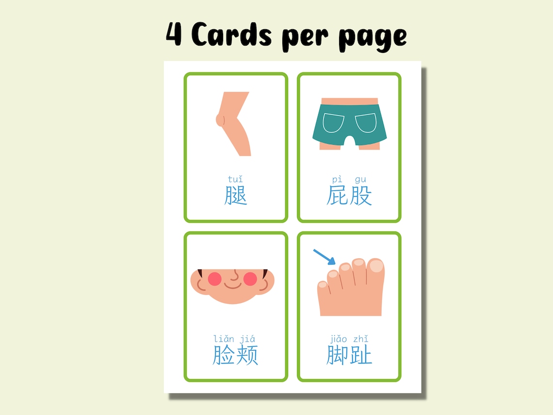 Body Parts Printable Flashcards in SIMPLIFIED CHINESE | Educational ...