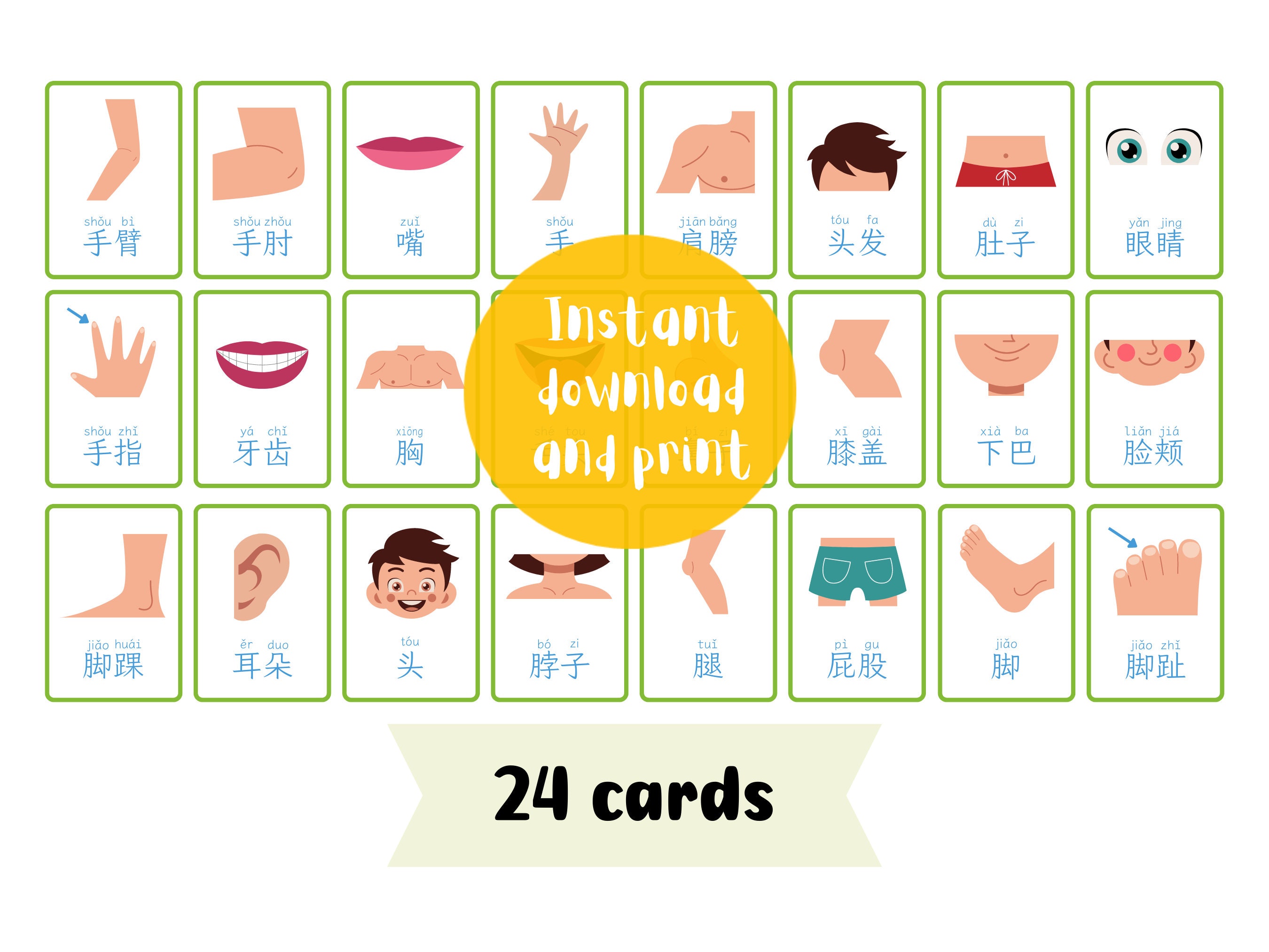 Body Parts Printable Flashcards in SIMPLIFIED CHINESE | Educational ...