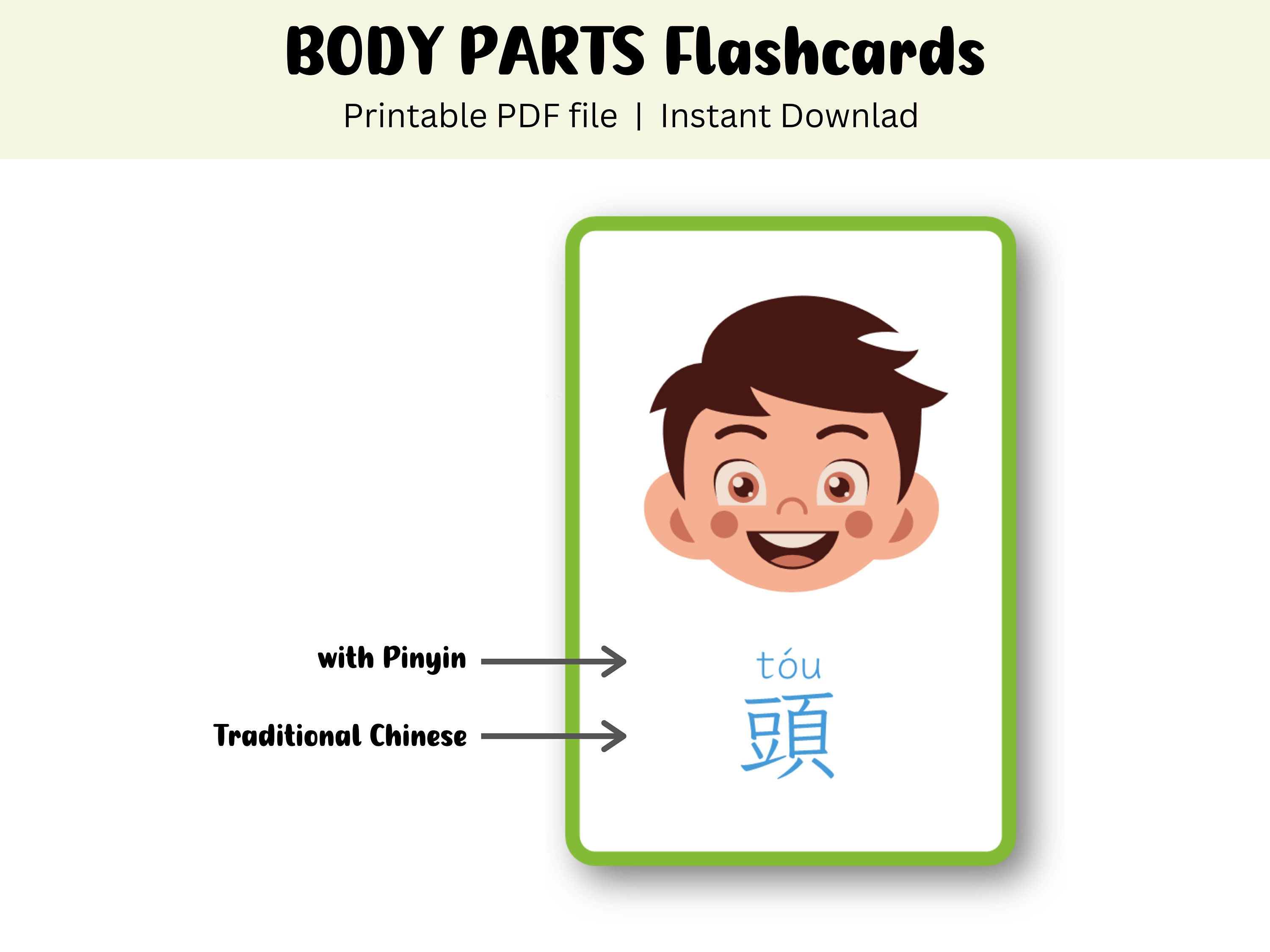Body Parts Printable Flashcards in Traditional Chinese | Educational ...