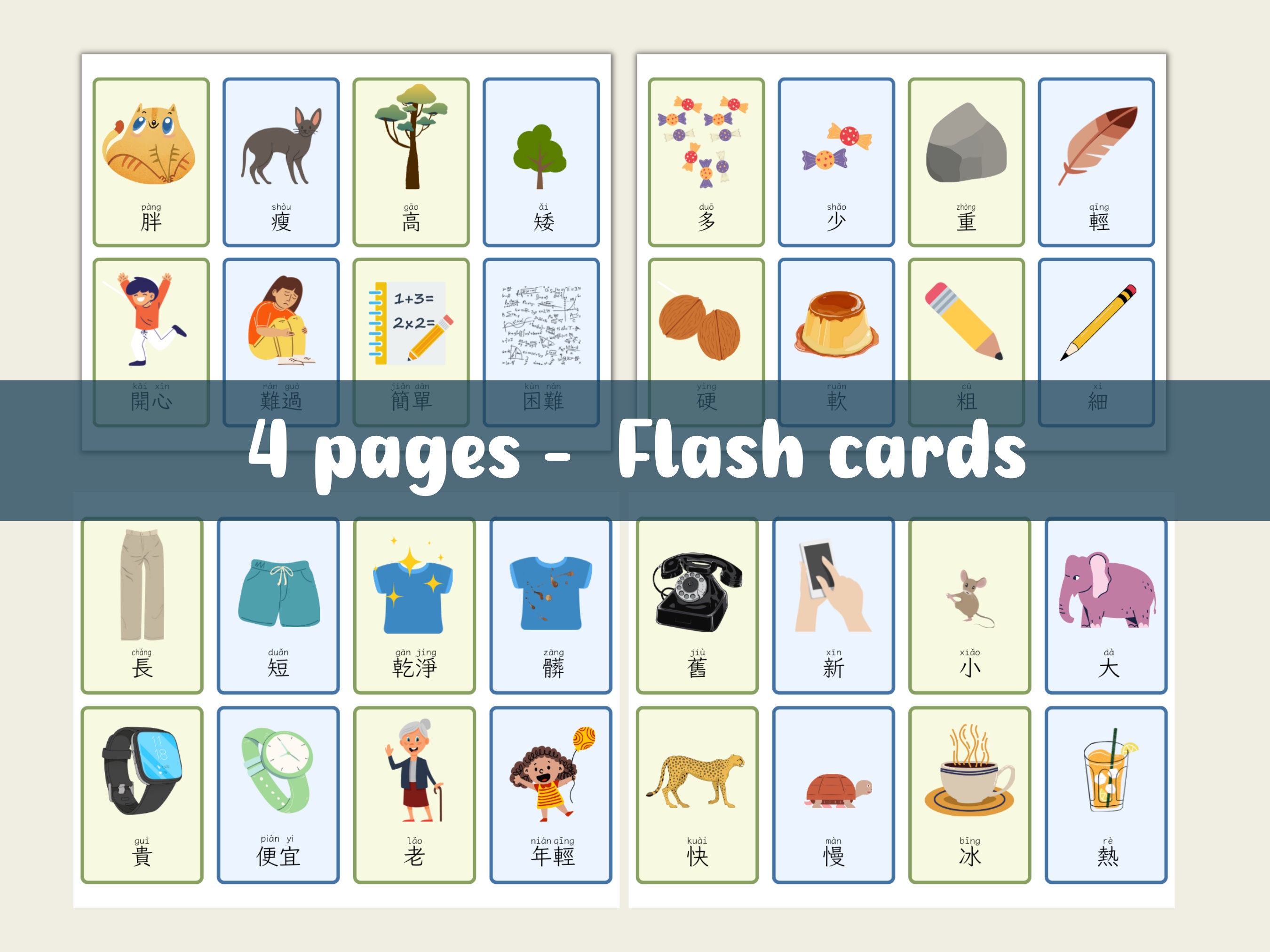 32 Basic Chinese Adjectives Printable Flashcards Traditional Chinese ...