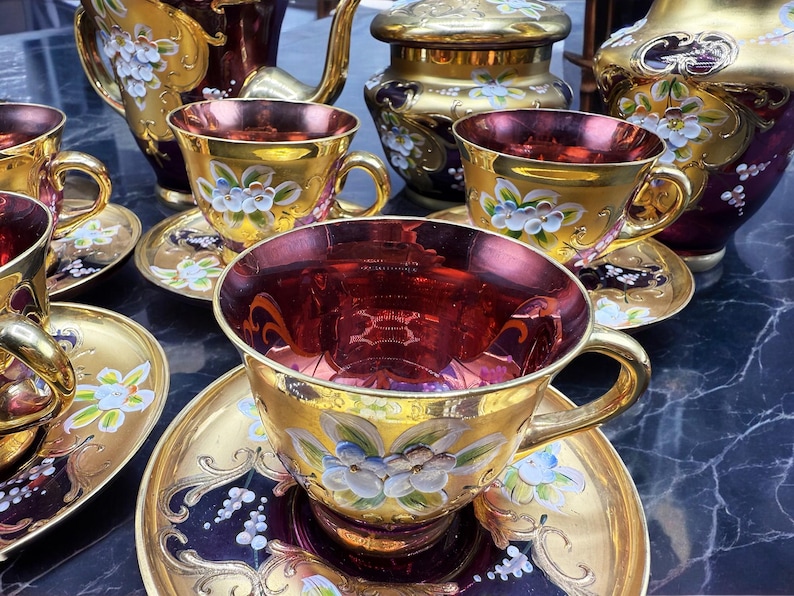 Murano – Ruby Red and Gold Murano Glass Tea and Coffee Set | Vintage ...