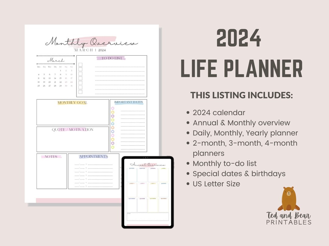 2024 Life Planner, Annual / Monthly Calendar, 2, 3, 4 Month Planners ...