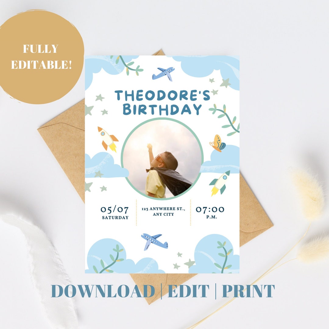 Kid's Birthday Party Invitation Instant Download Fully Editable Sky ...
