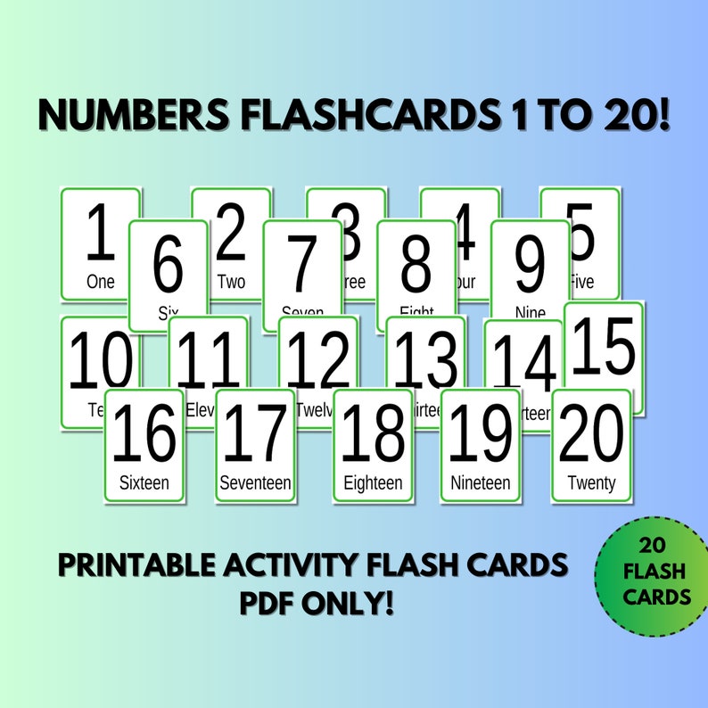 Number Flashcards for Kids 1 to 20 Preschool Learning Cards Digital ...