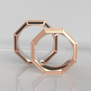 Handmade His and Hers Octagon Wedding Bands Set | 14k Rose Gold Wedding Rings Set | Black ...