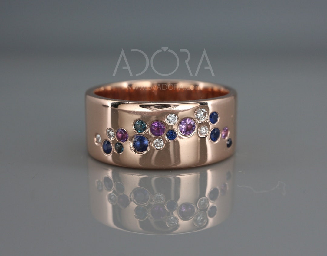 Purple Night Sky 14k Rose Gold Cluster Ring Set With Diamonds, Blue ...