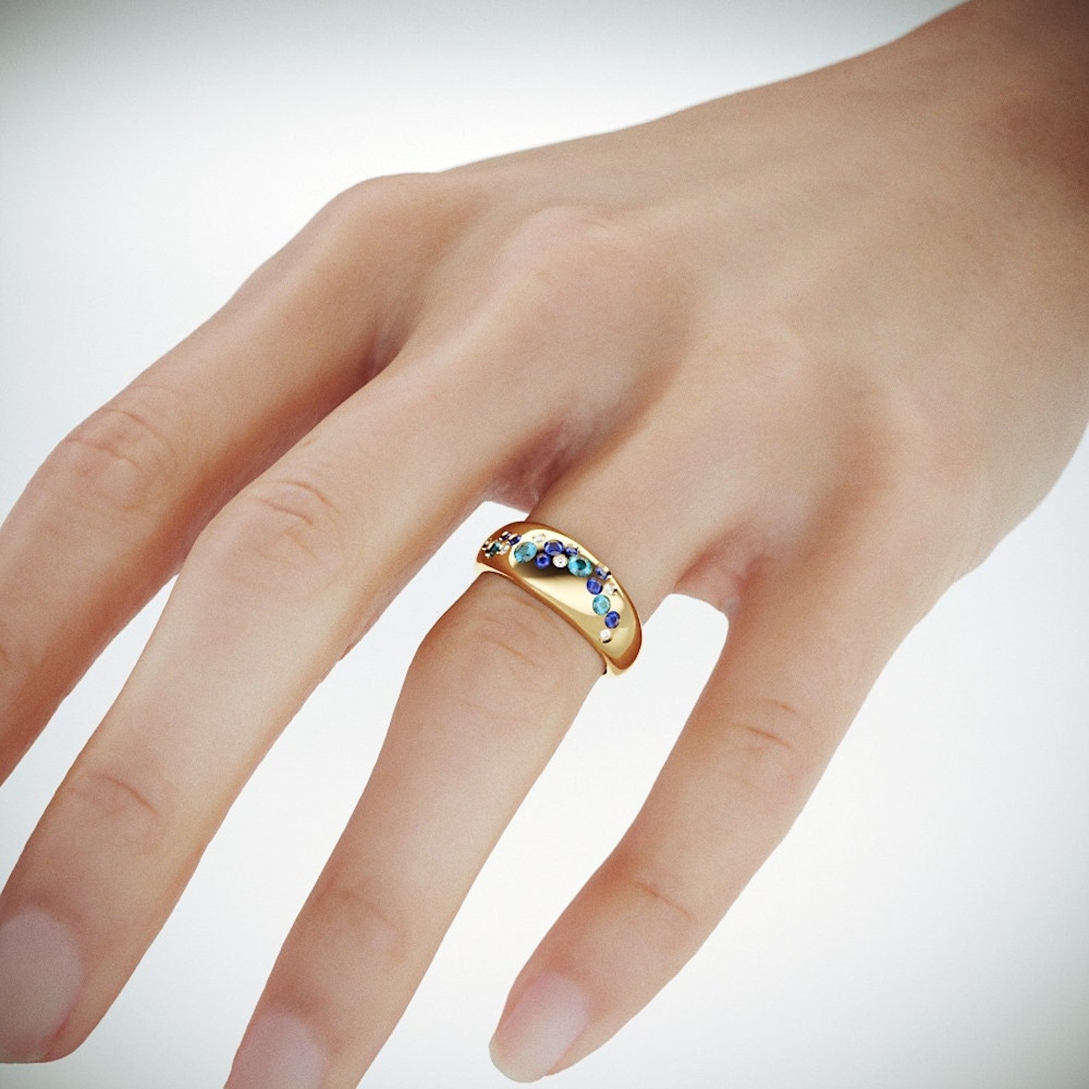 Diamond Cluster Ring Solid Gold Wide Wedding Band Set With - Etsy