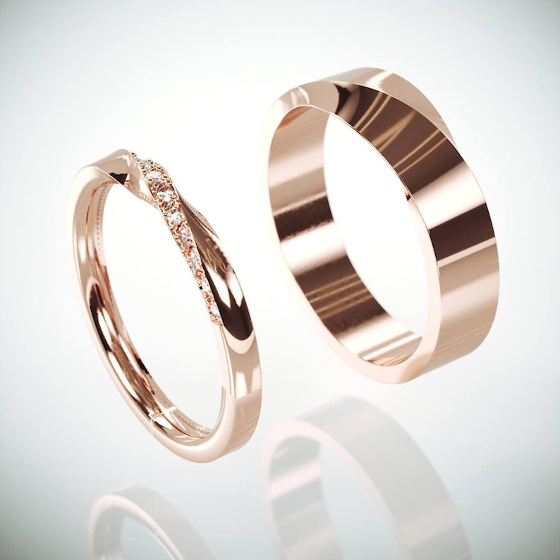 14k Gold Mobius Wedding Rings Set With Diamonds His and Hers - Etsy