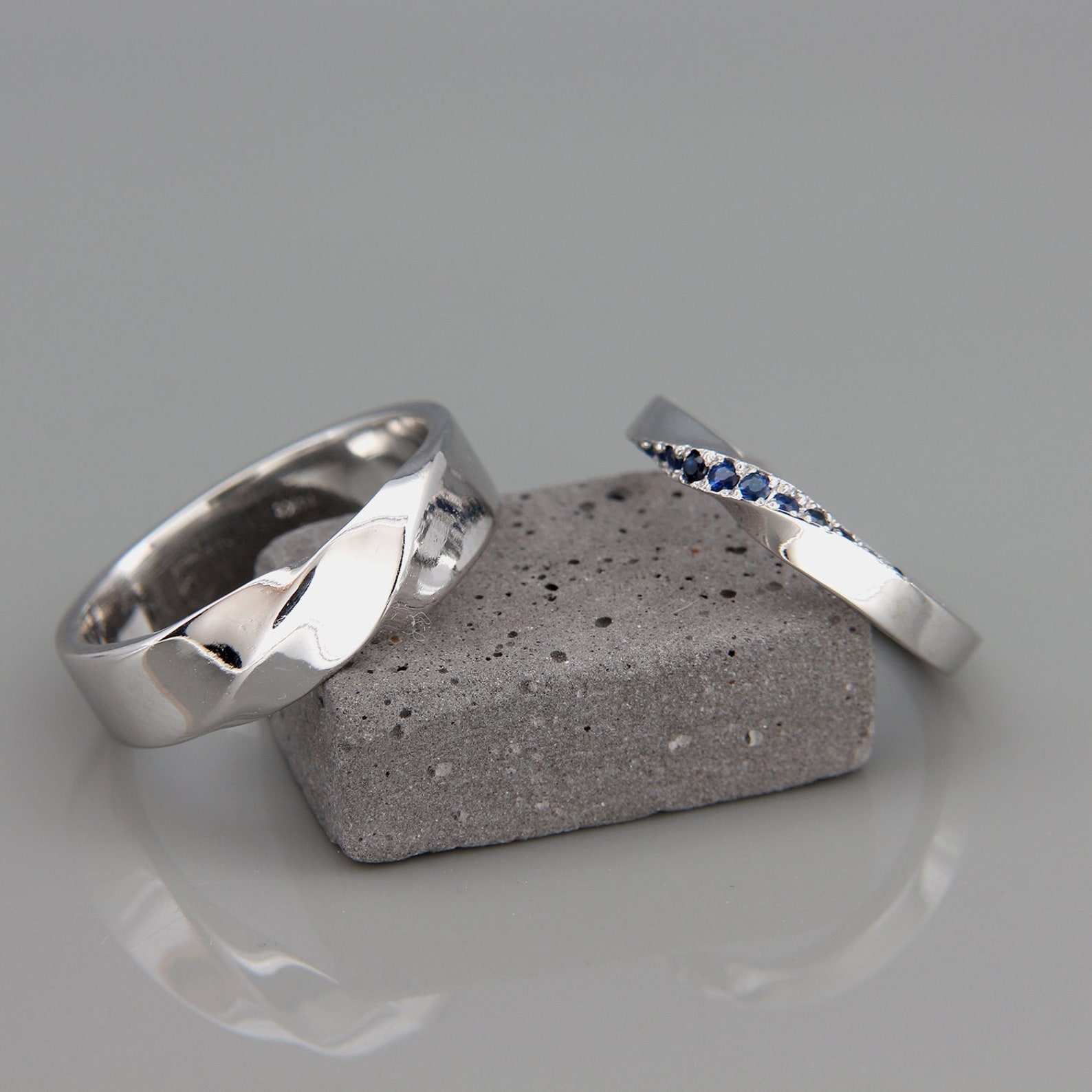 14k White Gold Mobius Rings Set Ladies Ring Set With Blue - Etsy