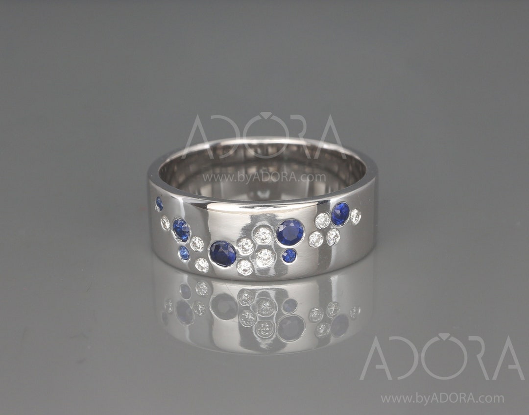 Handmade Night Blue Skies 14k White Gold Cluster Ring Set With Diamonds and Blue Sapphire | 14k ...