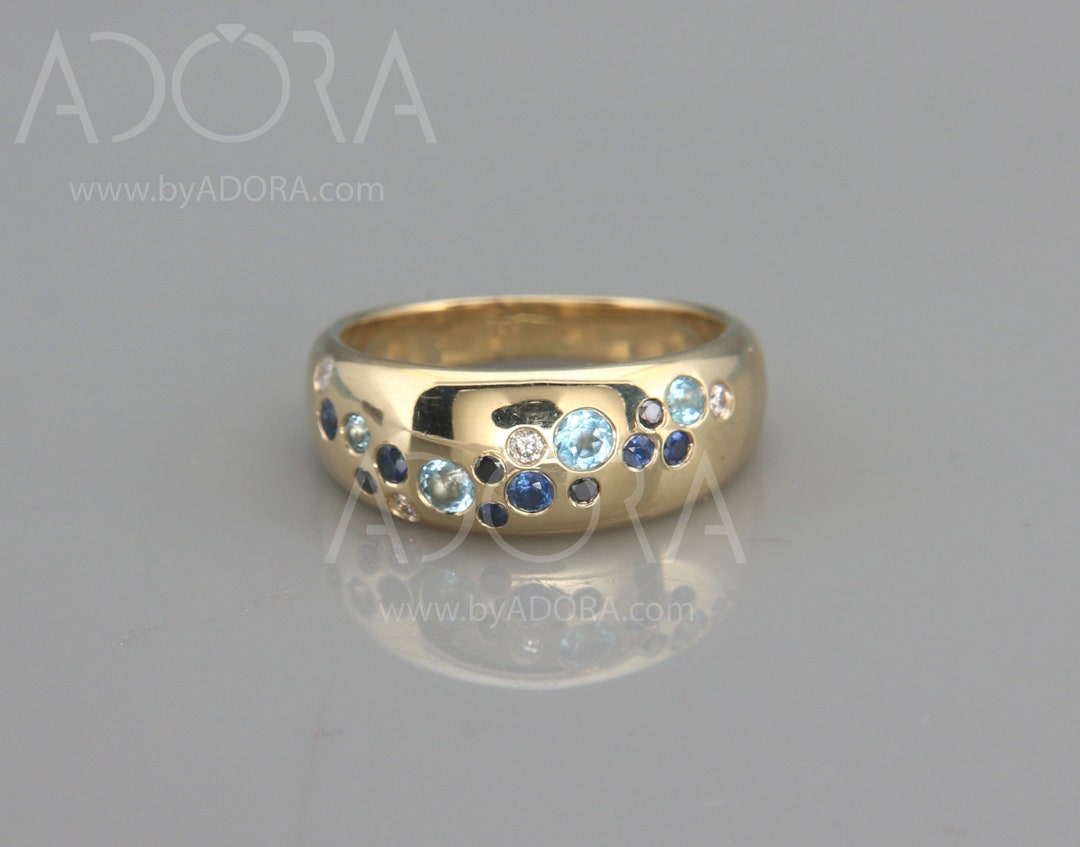 Midnight Sky 14k Gold Cluster Ring With Diamonds, Black Diamonds, Blue ...