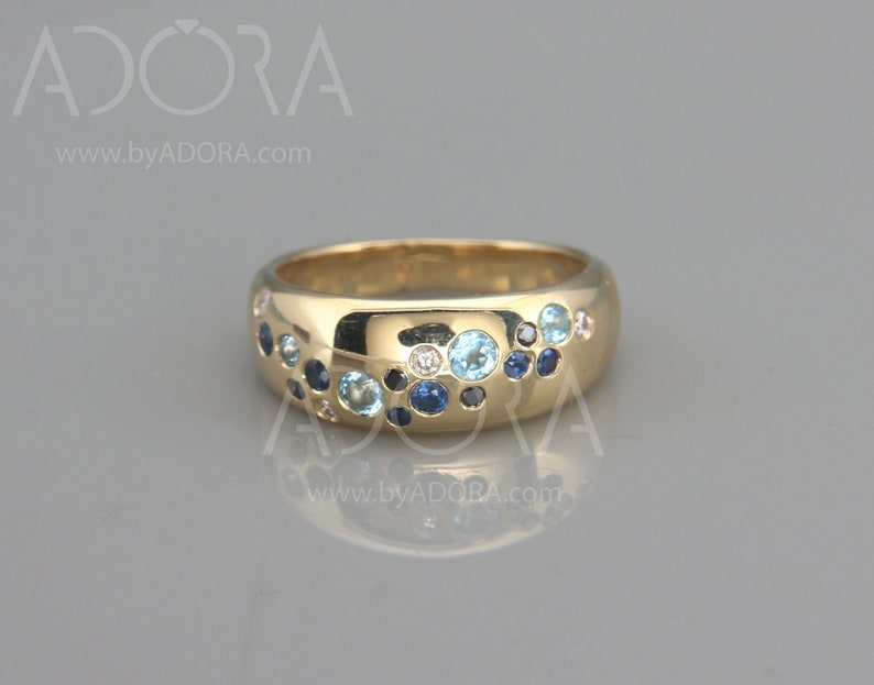 Midnight Sky 14k Gold Cluster Ring With Diamonds, Black Diamonds, Blue ...