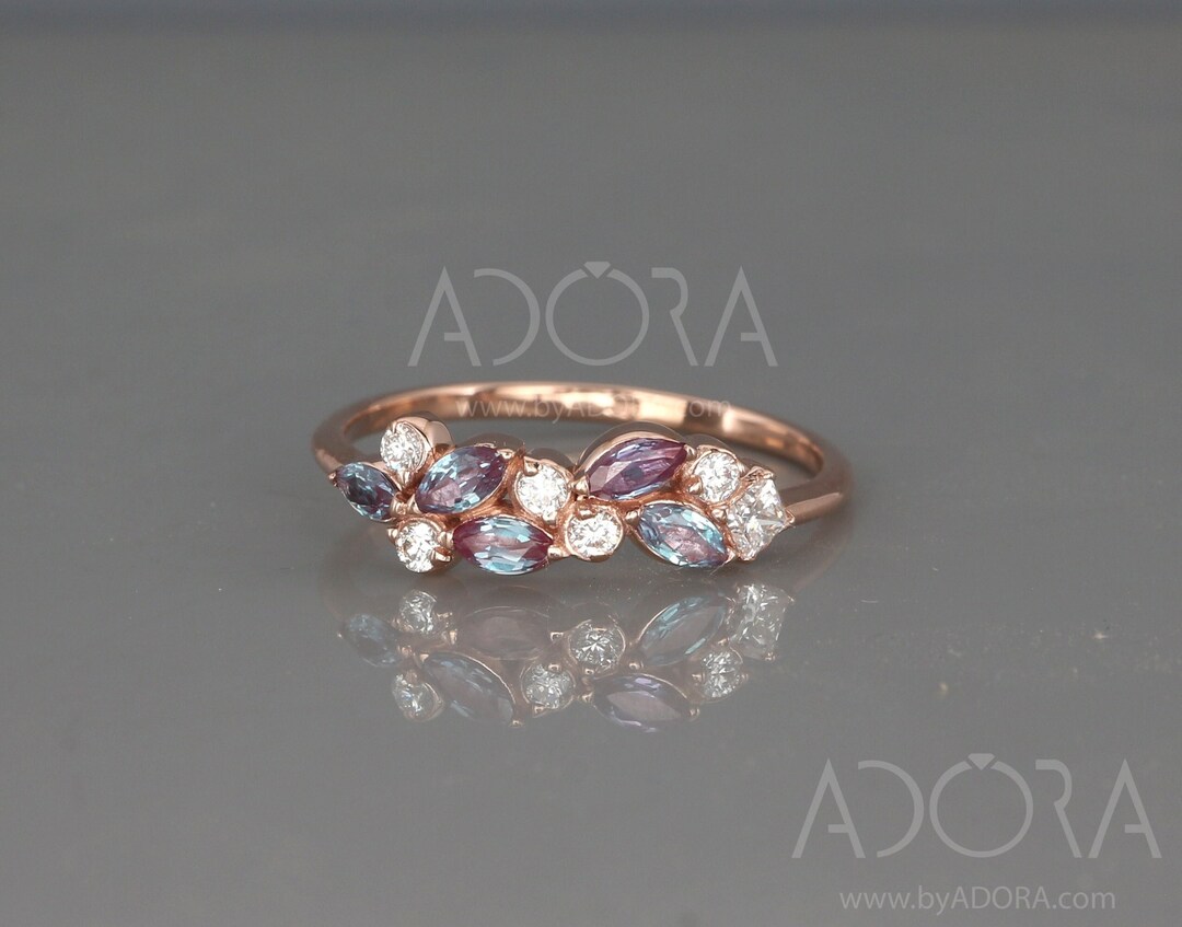 Handmade Lab Alexandrite Diamond Cluster Ring | 14k Rose Gold Multi ...