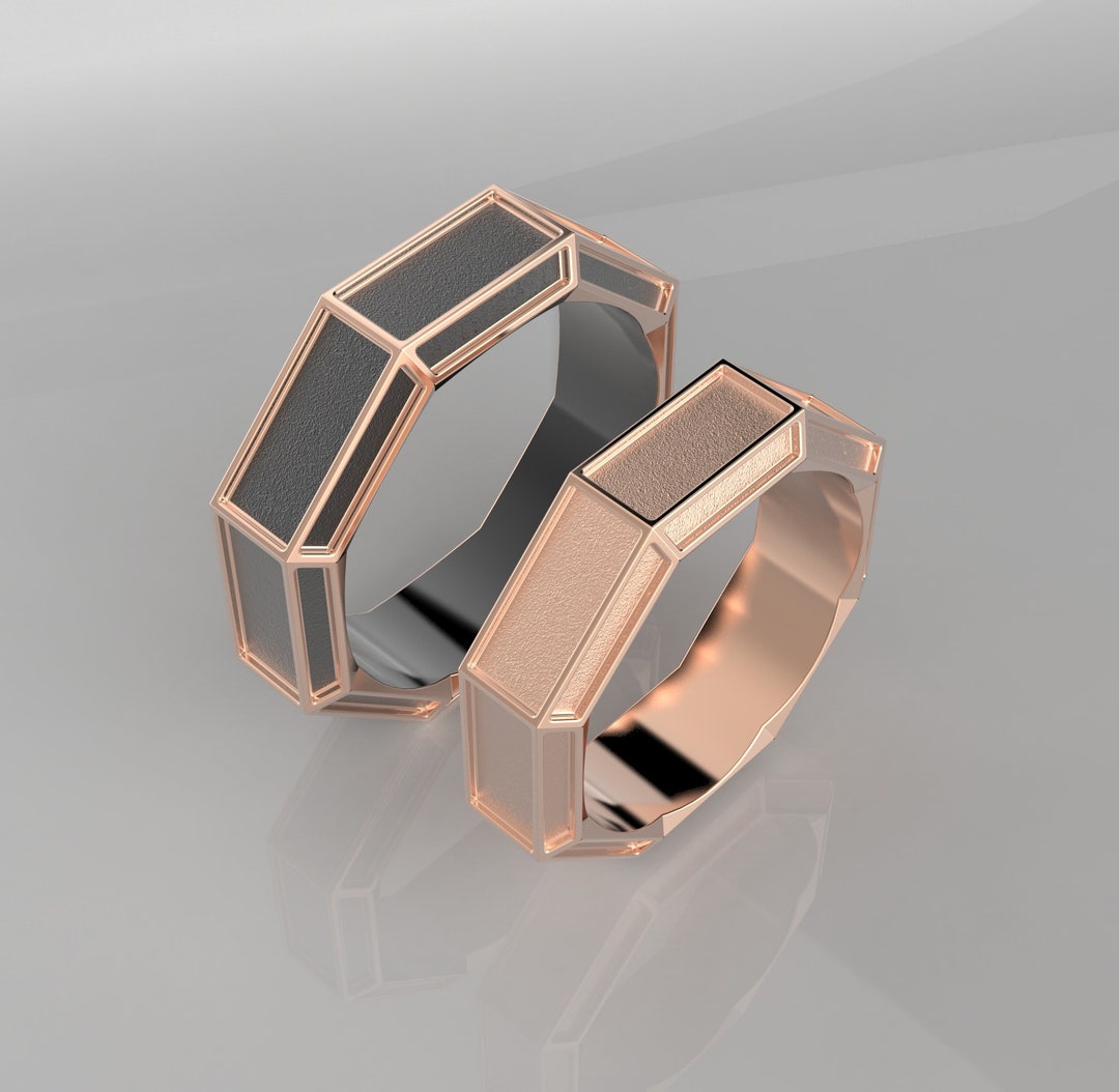 Handmade His and Hers Octagon Wedding Bands Set | 14k Rose Gold Wedding ...
