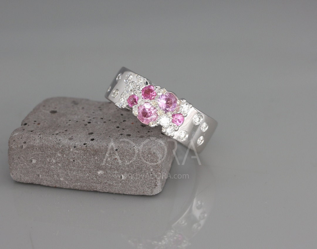 Pink Sapphire Cluster Ring | Diamond Cluster Ring | 14k White Gold ...