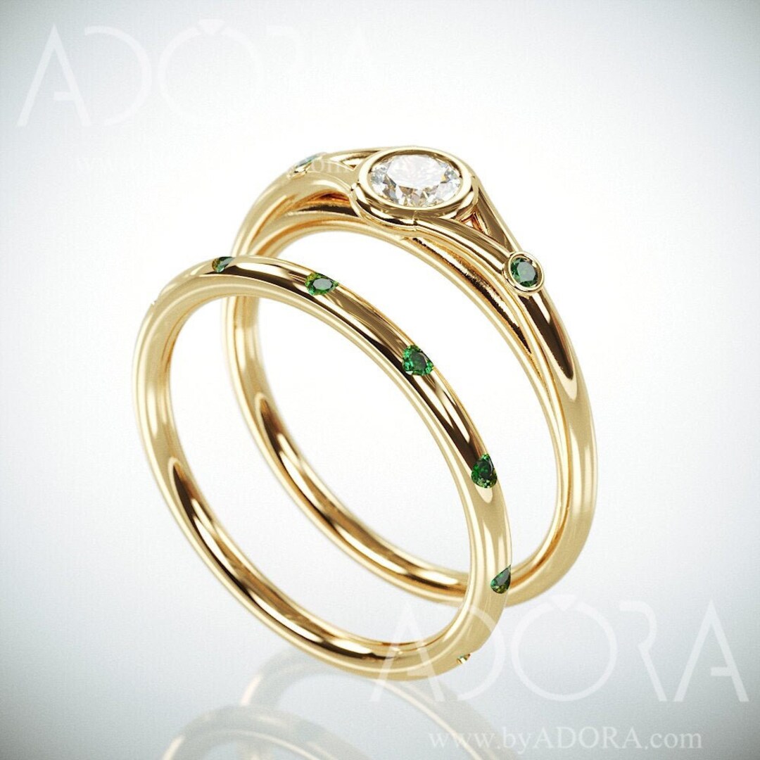 Handmade 14k Gold Emerald Bridal Rings Set | 14K Gold Wedding Ring With ...