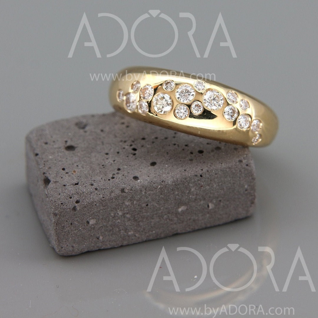 Handmade Diamond Cluster Ring | 14k Solid Gold Wide Wedding Band Set ...