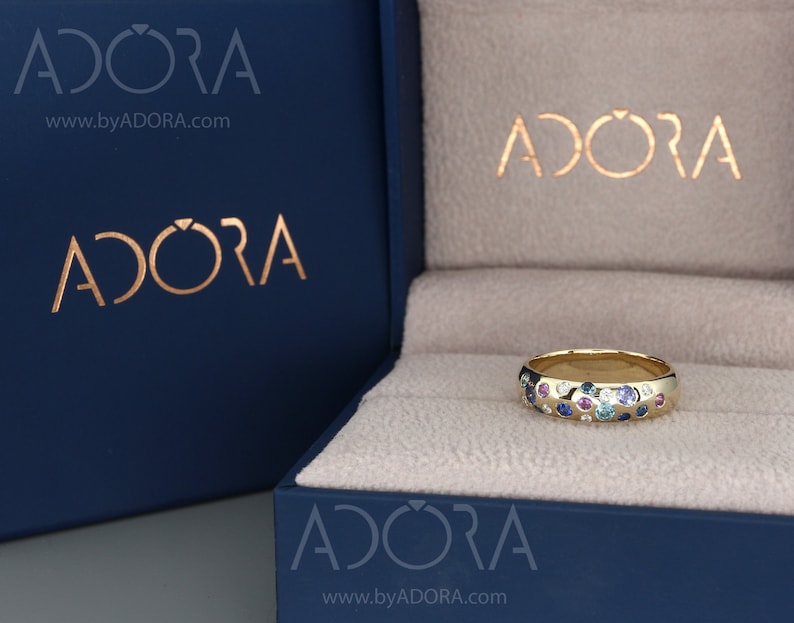 Handmade Purple Night Sky 14k Gold Cluster Ring Set With Diamonds, Blue ...