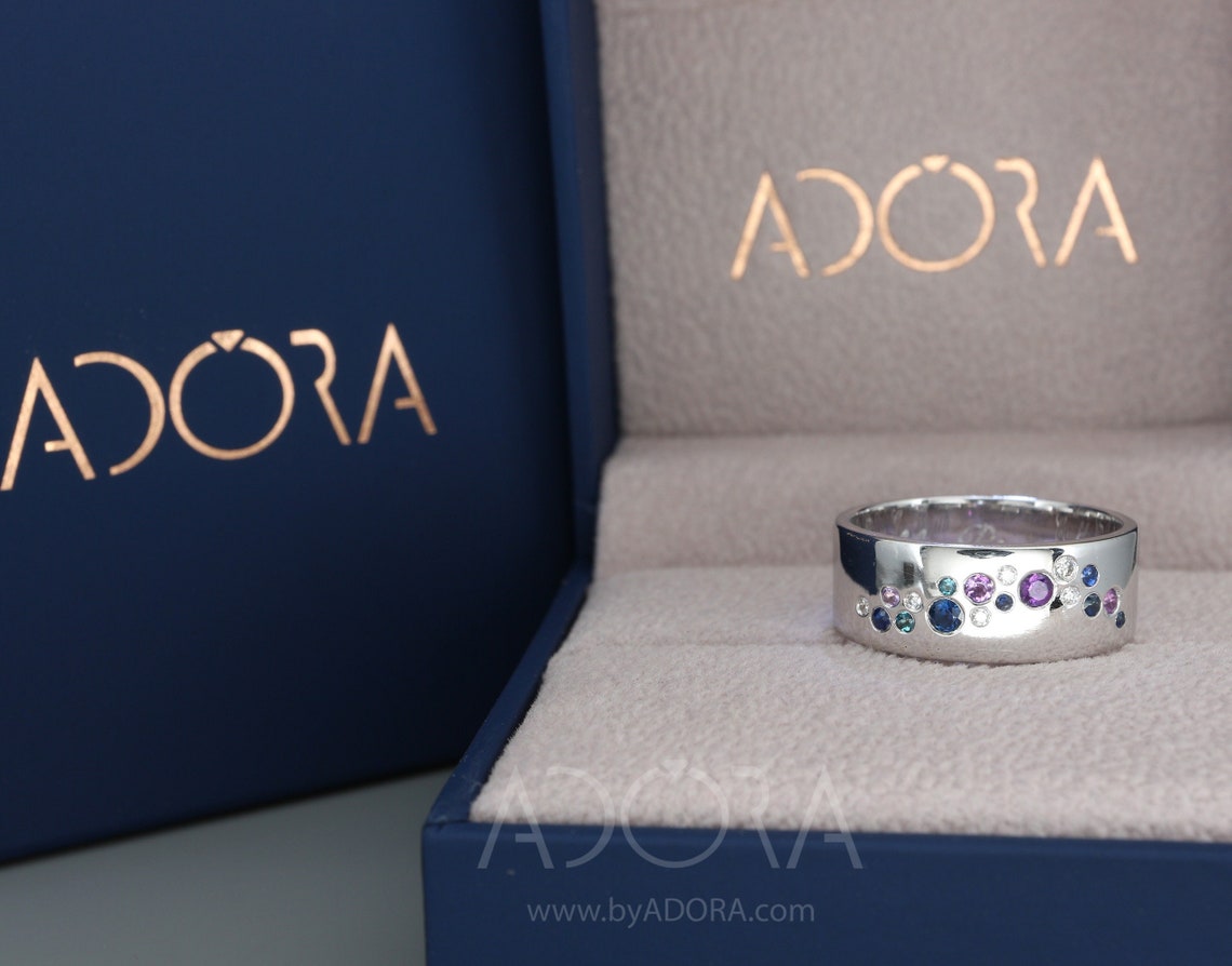 Handmade Purple Night Sky 14k White Gold Cluster Ring Set With Diamonds ...