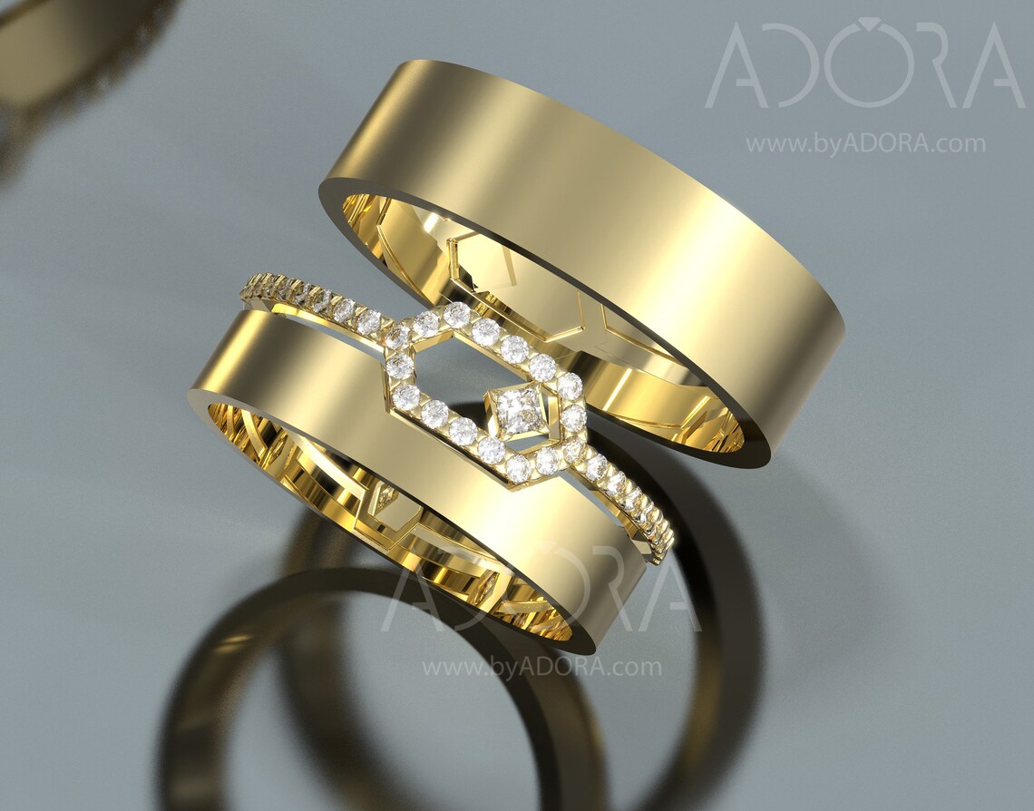 Handmade 14k Rose Gold Hexagon Wedding Rings Set With Diamonds - Etsy