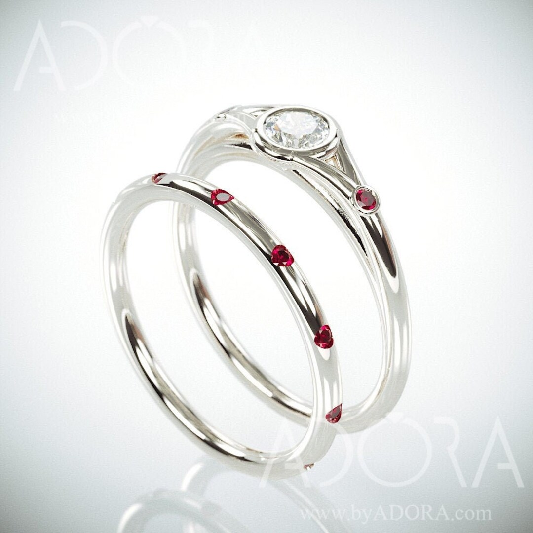 Handmade White Gold Ruby Bridal Rings Set | 14K White Gold Wedding Ring ...