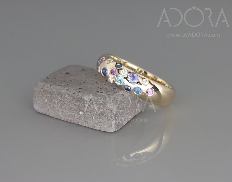 Handmade Purple Night Sky 14k Gold Cluster Ring Set With Diamonds, Blue ...