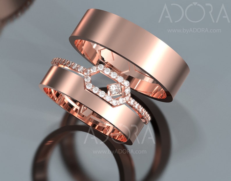 Handmade 14k Rose Gold Hexagon Wedding Rings Set With Diamonds - Etsy