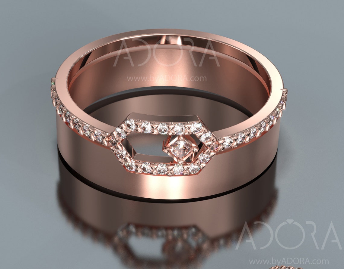 Handmade 14k Gold Hexagon Wedding Rings Set With Diamonds | Princess ...