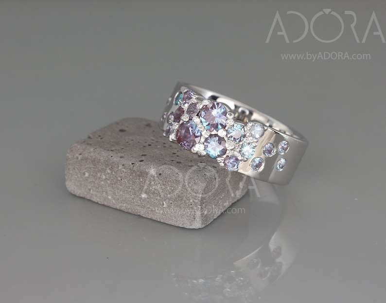 Handmade Lab Alexandrite Cluster Ring | 14k White Gold Cluster Lab ...