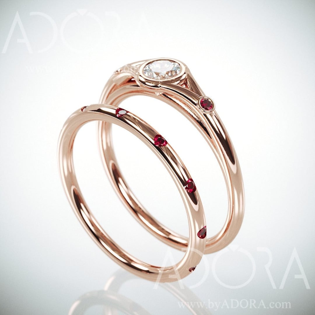 Handmade Rose Gold Ruby Bridal Rings Set | 14K Rose Gold Wedding Ring ...