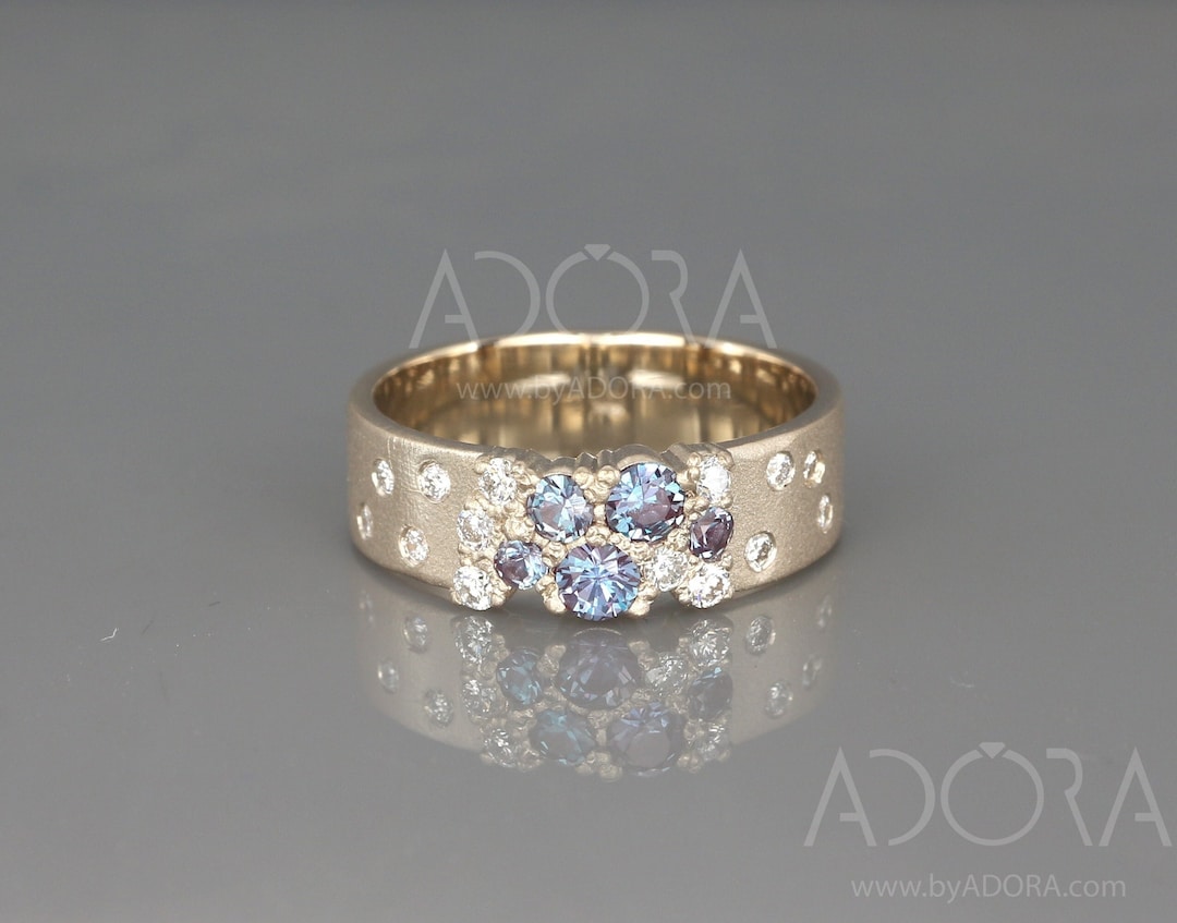 14k Champagne Gold Multi Stone Lab Alexandrite and Diamonds Ring ...