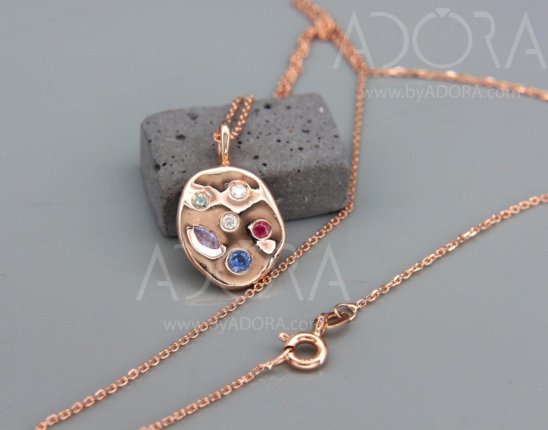 Handmade 14k Rose Recycled Gold Cluster Necklace | Diamond, Blue ...