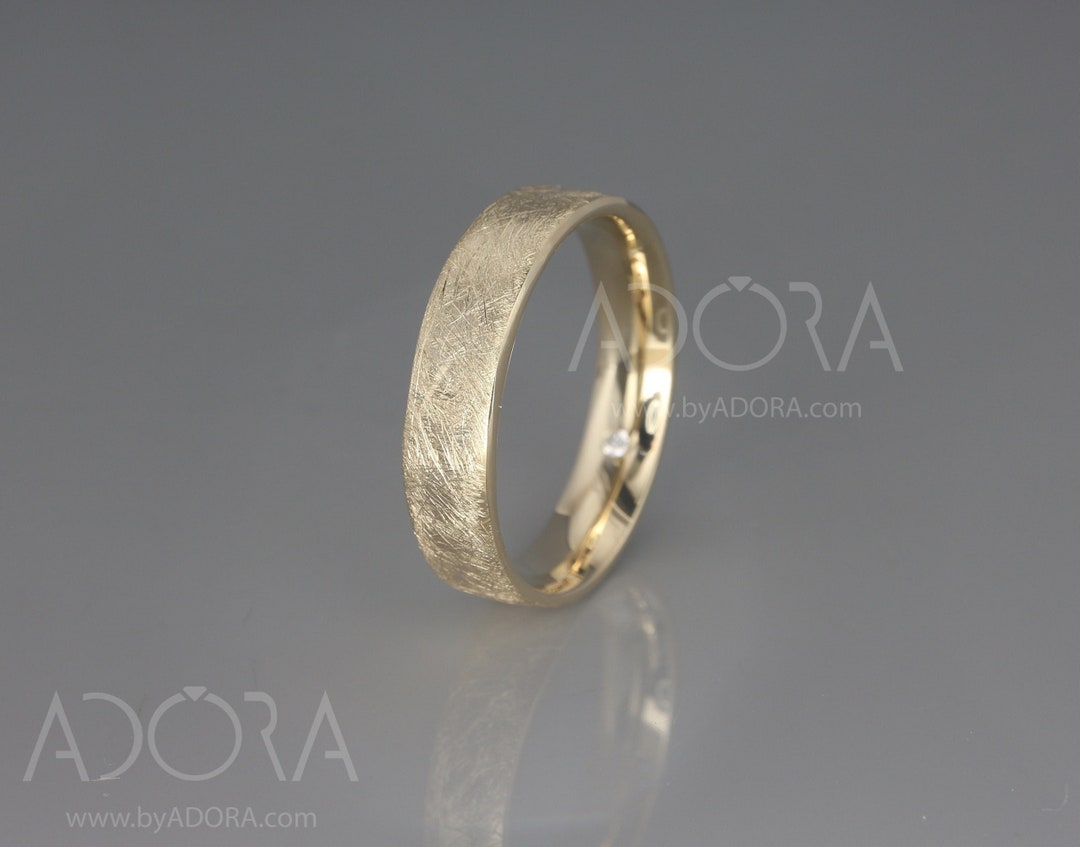 14k Gold Rustic Men's Wedding Ring Set With a Hidden Diamond | Handmade ...
