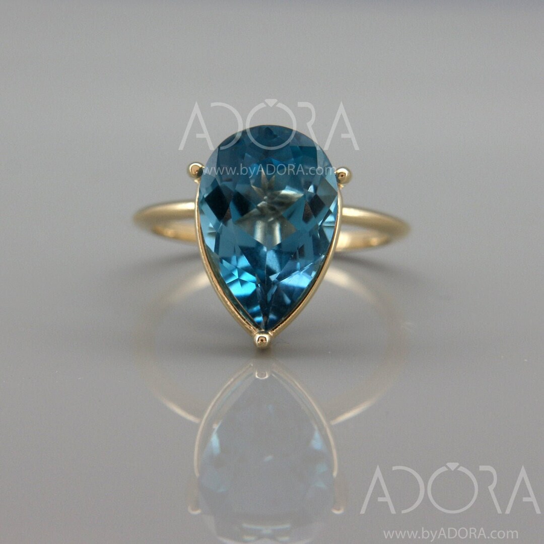 14k Gold Pear London Blue Topaz Ring Solid Gold London Blue Topaz ...