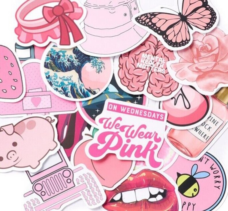 50x Pink Themed Vinyl Stickers, Decal, Waterproof, for Laptop, Luggage ...