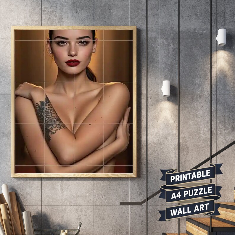 Sexy Tattooed Redhead Woman A4 Puzzle Art Poster Printable 8961