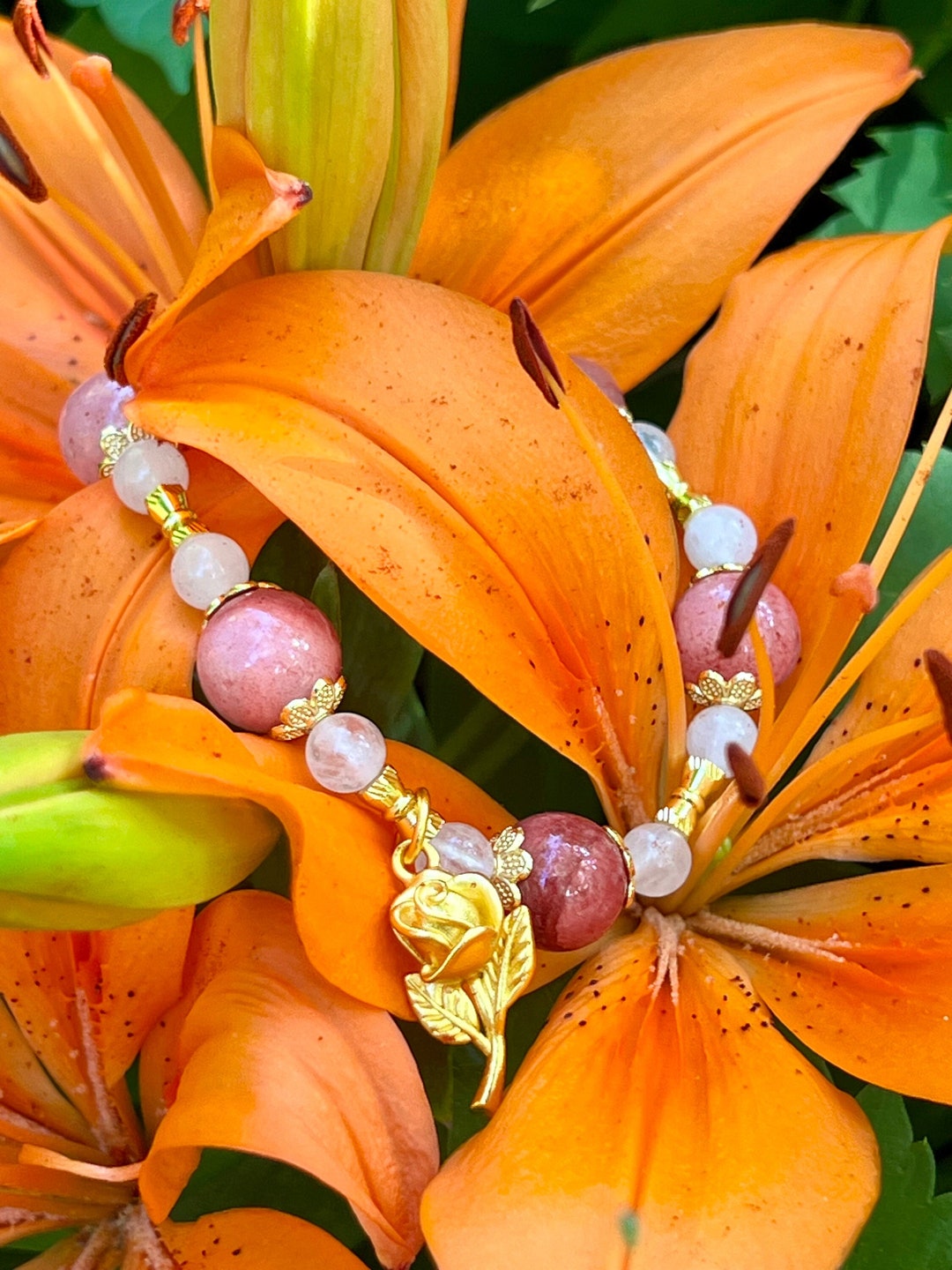 Spring Bloom Line- Pink Agate (dyed) and Moonstone Stone Bracelet W ...