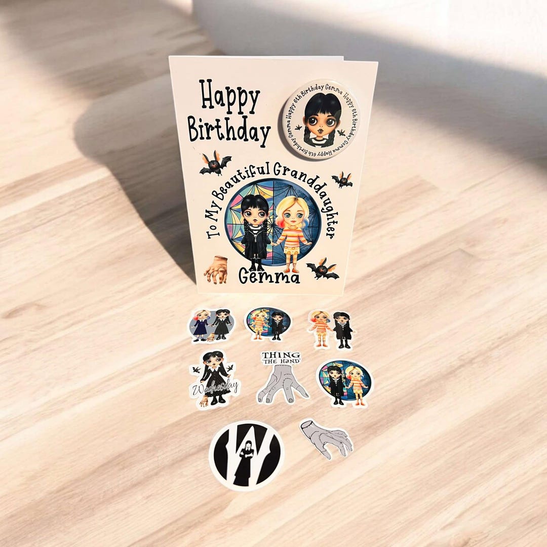 Wednesday Personalised Birthday Card and Badge - Optional Fridge ...