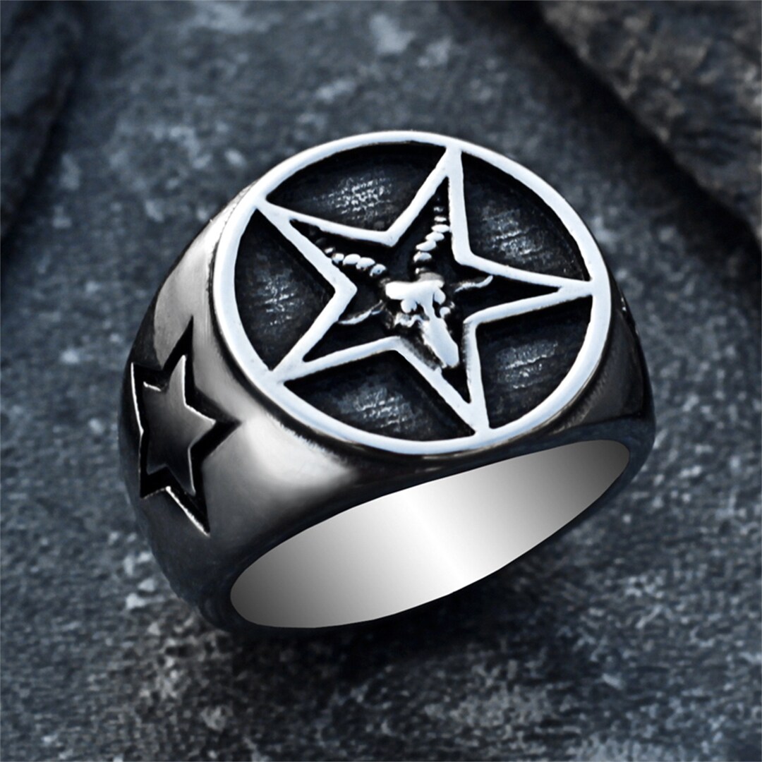 Pentagram Signet Ring, Baphomet Ring, Goat Head Pentacle Satanism Ring ...