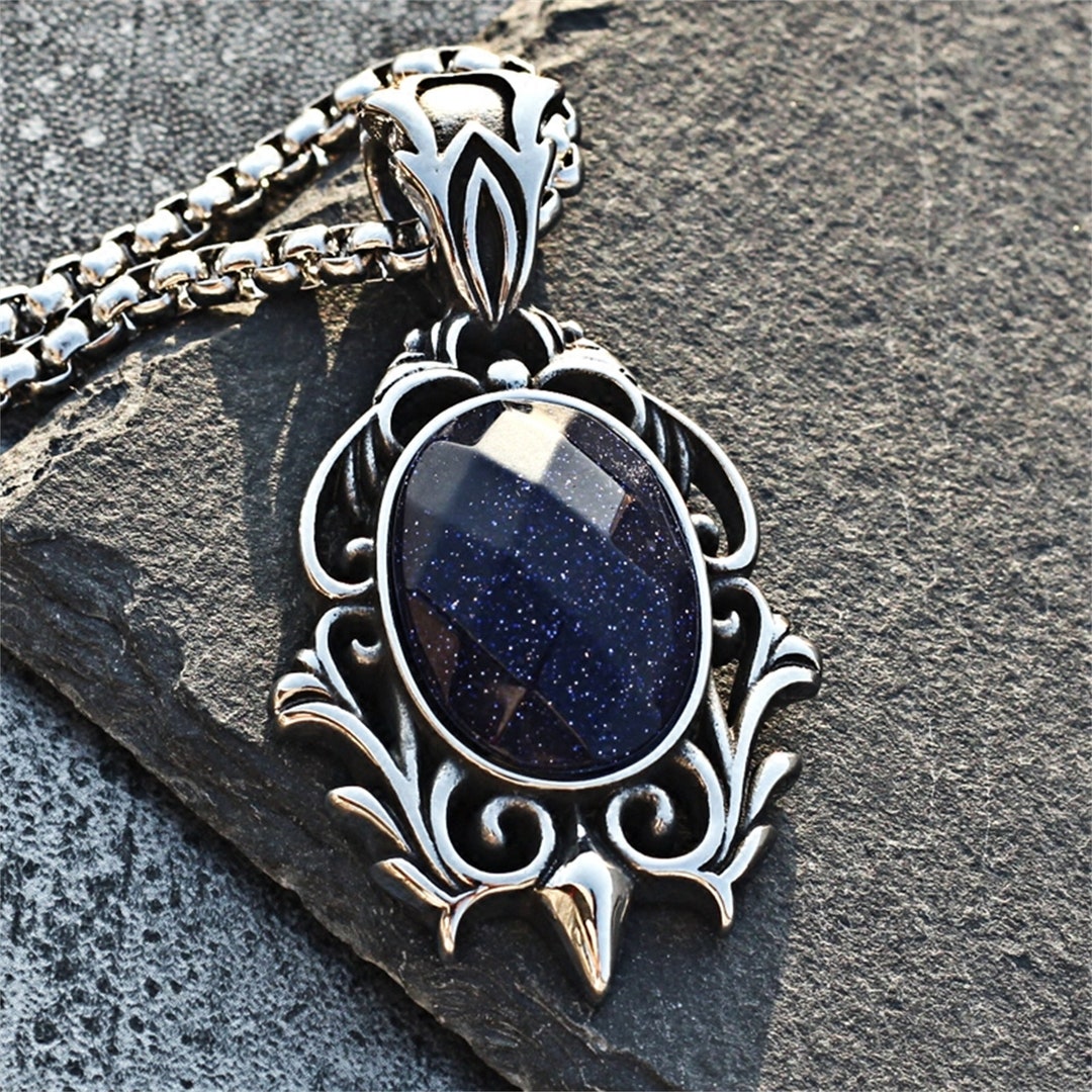 Gemstone Cabochon Necklace Blue Sandstone Necklace Blue Goldstone ...