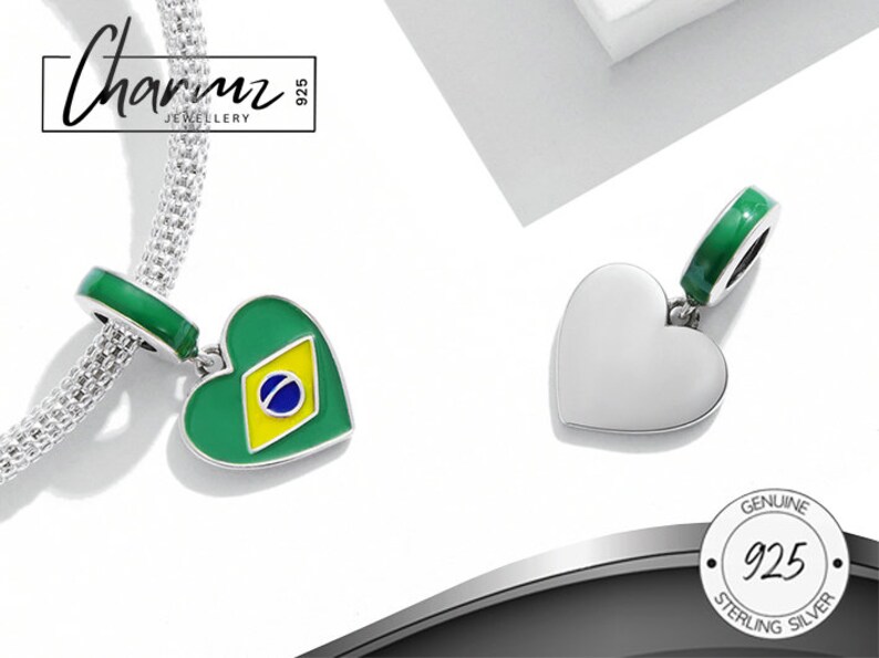 925 Silver Brazil Flag Dangle Charm, Heart I Love Brazil Bracelet Charm ...