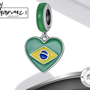 925 Silver Brazil Flag Dangle Charm, Heart I Love Brazil Bracelet Charm ...