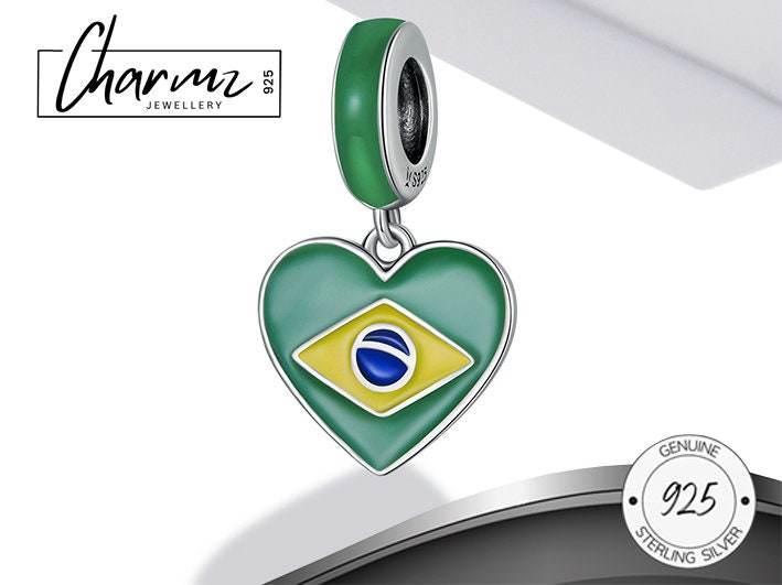 925 Silver Brazil Flag Dangle Charm, Heart I Love Brazil Bracelet Charm ...