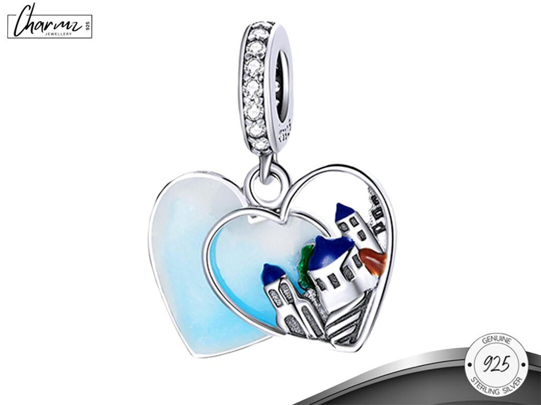 925 Silver Santorini Greece Heart Dangle Charm, Greek Islands Jewellery ...
