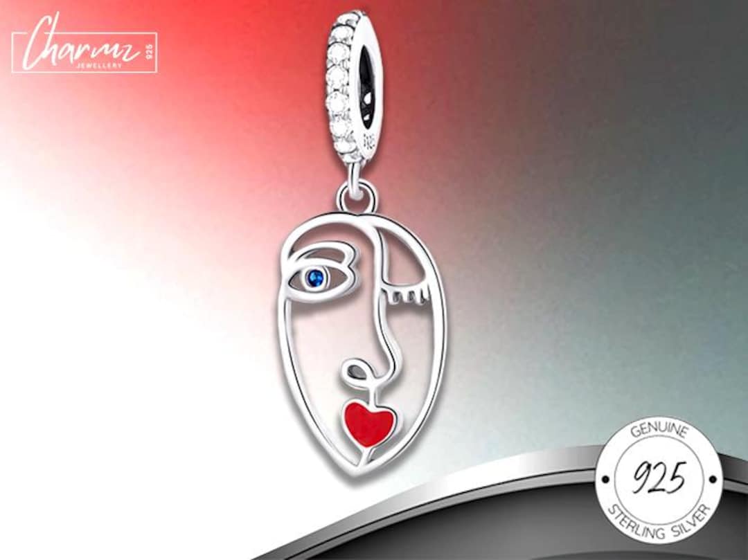 925 Silver Red Lips Face Charm, Picasso Face Dangle Charm, Line Drawing ...